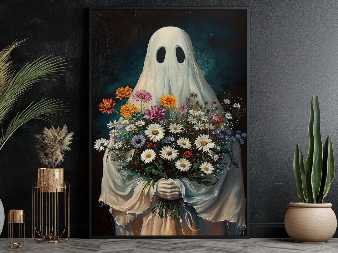 Dark Ghost Hold Wild Flowers Canvas Print, Ghost Print, Halloween ...