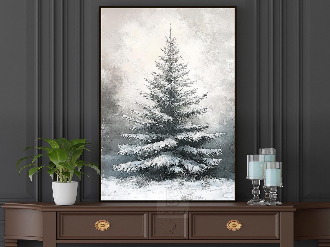 Winter Tree Canvas: Vintage Christmas Painting, Holiday Wall Art - Etsy