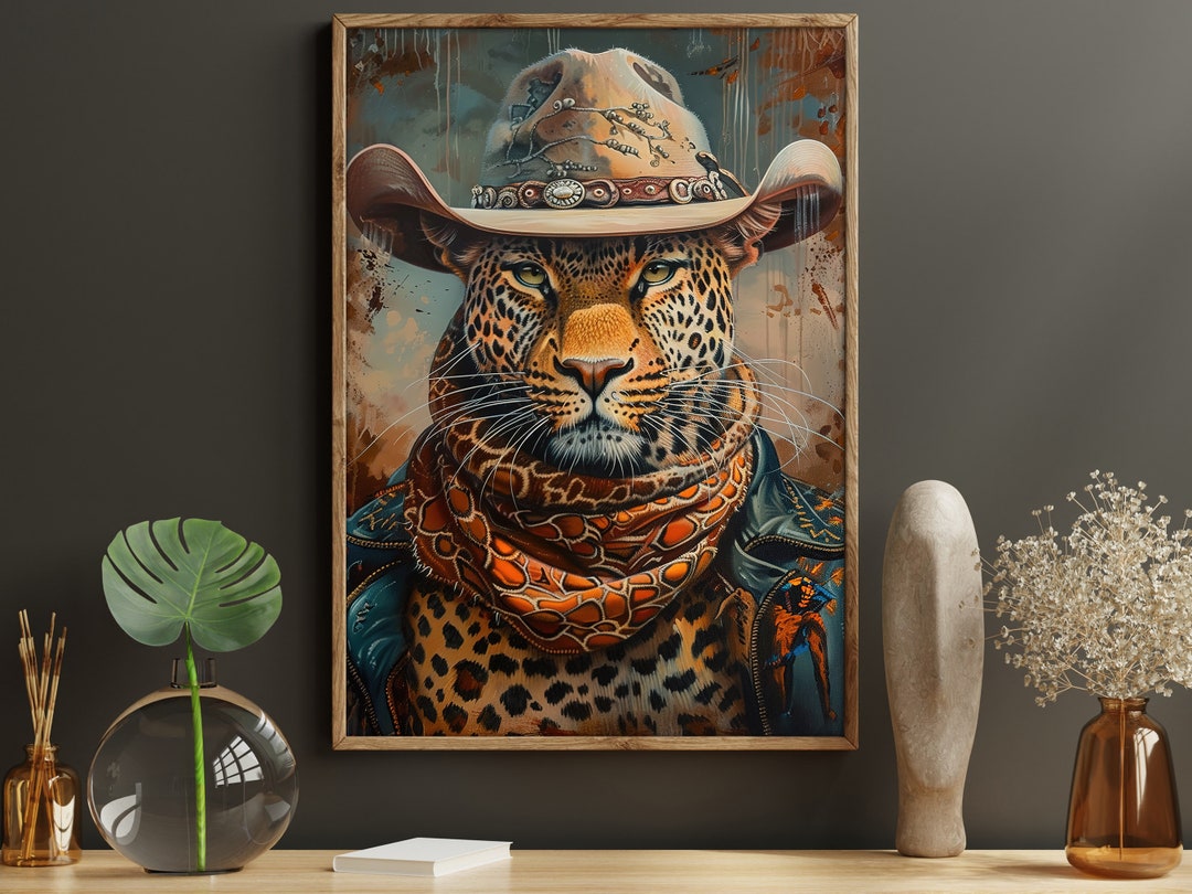 Vintage Cowboy Leopard Painting, Retro Leopard Print, Cottage Leopard ...