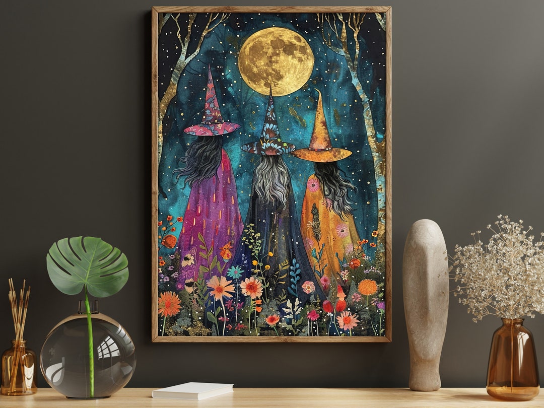 Vintage Three Witches in the Forest Painting, Cottage Witch Print ...