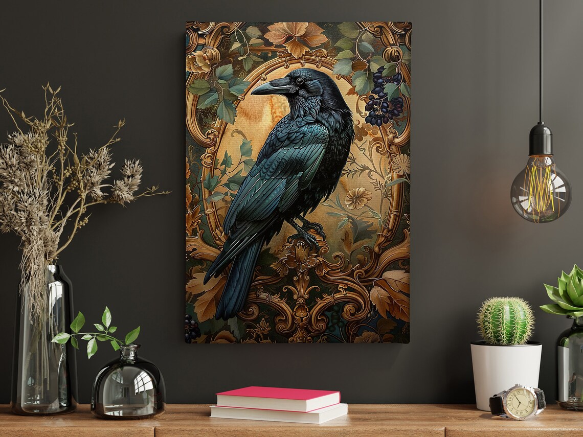 Cottage Crow Canvas Print: Dark Raven, Botanical Animal Wall Art - Etsy