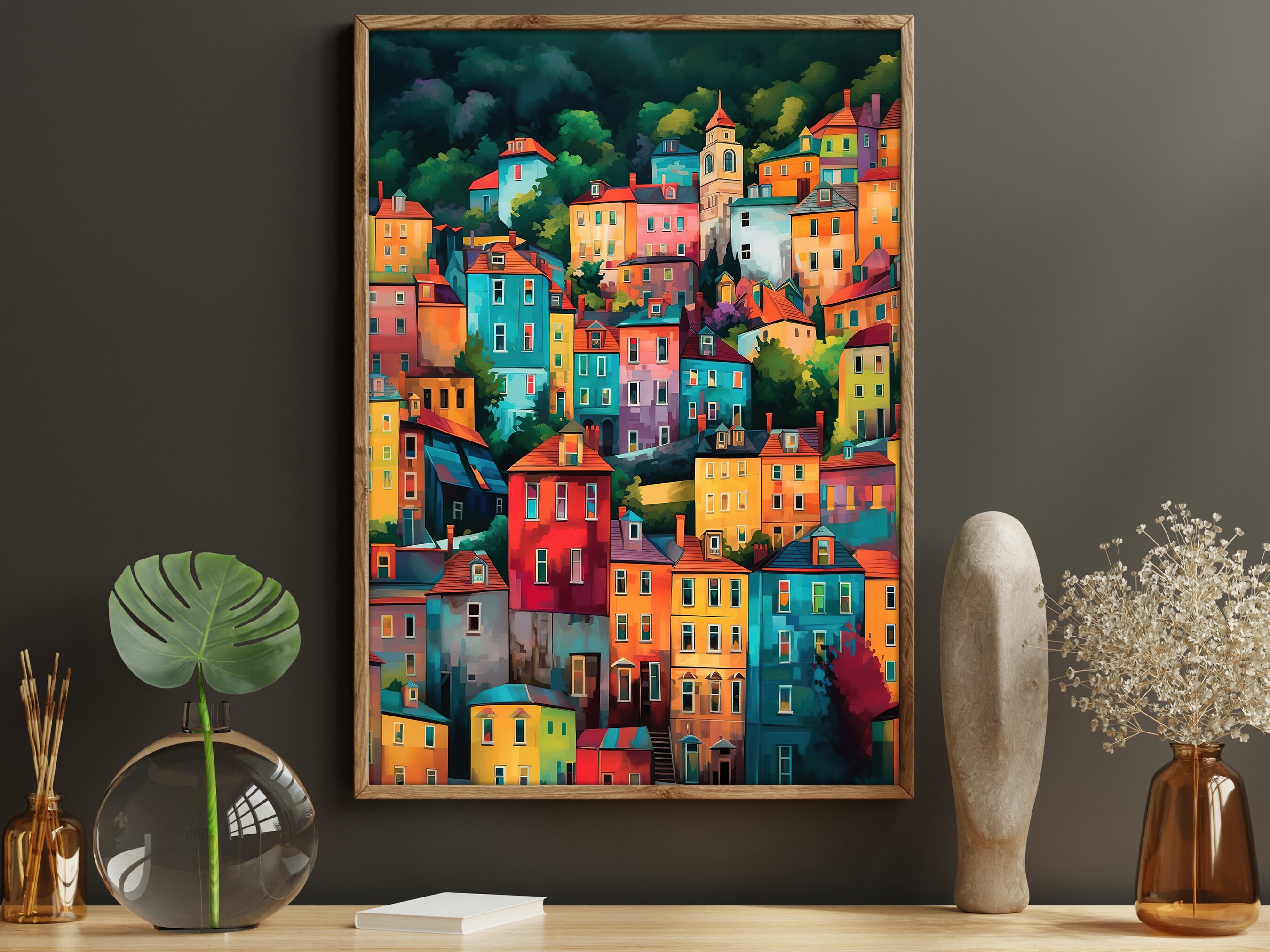 Vintage Houses Painting, Building Art Print, Modern Framed Canvas Print ...