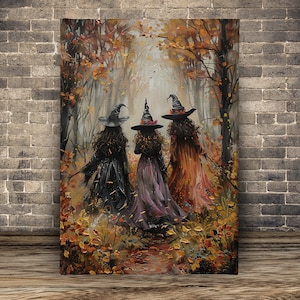 Three Witches in Autumn Forest Canvas Print - Halloween Wall Art - Etsy