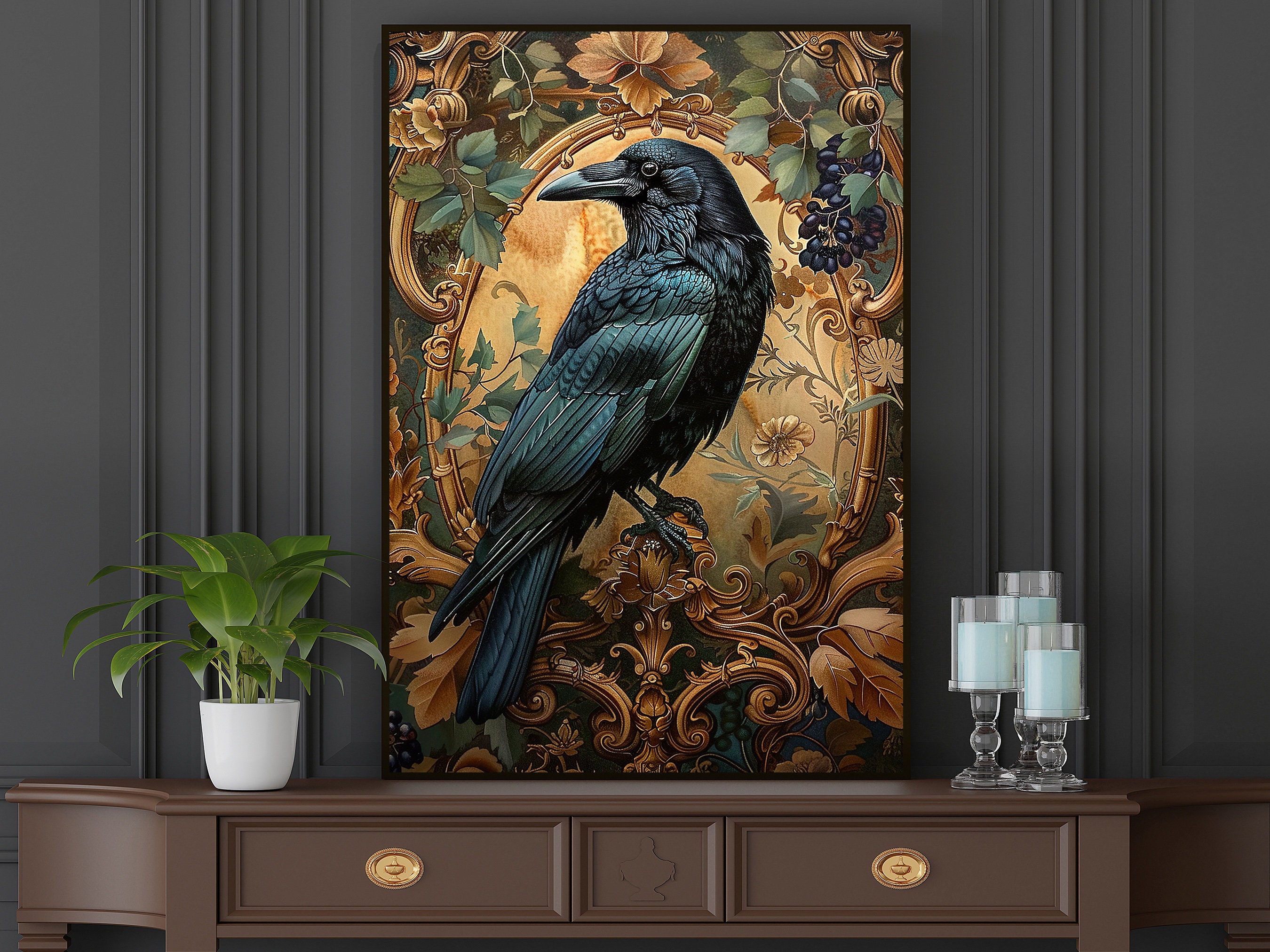 Cottage Crow Canvas Print: Dark Raven, Botanical Animal Wall Art - Etsy