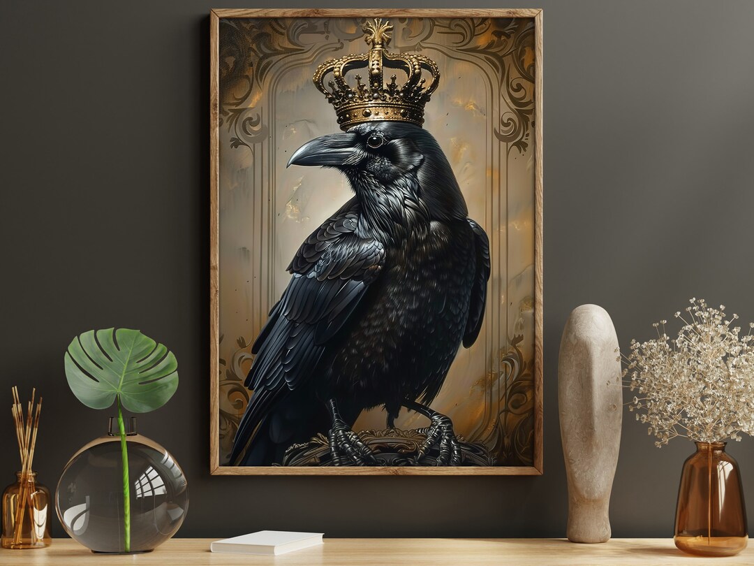 Dark Crow King Painting, Retro Raven Art Print, Crow Canvas Print ...
