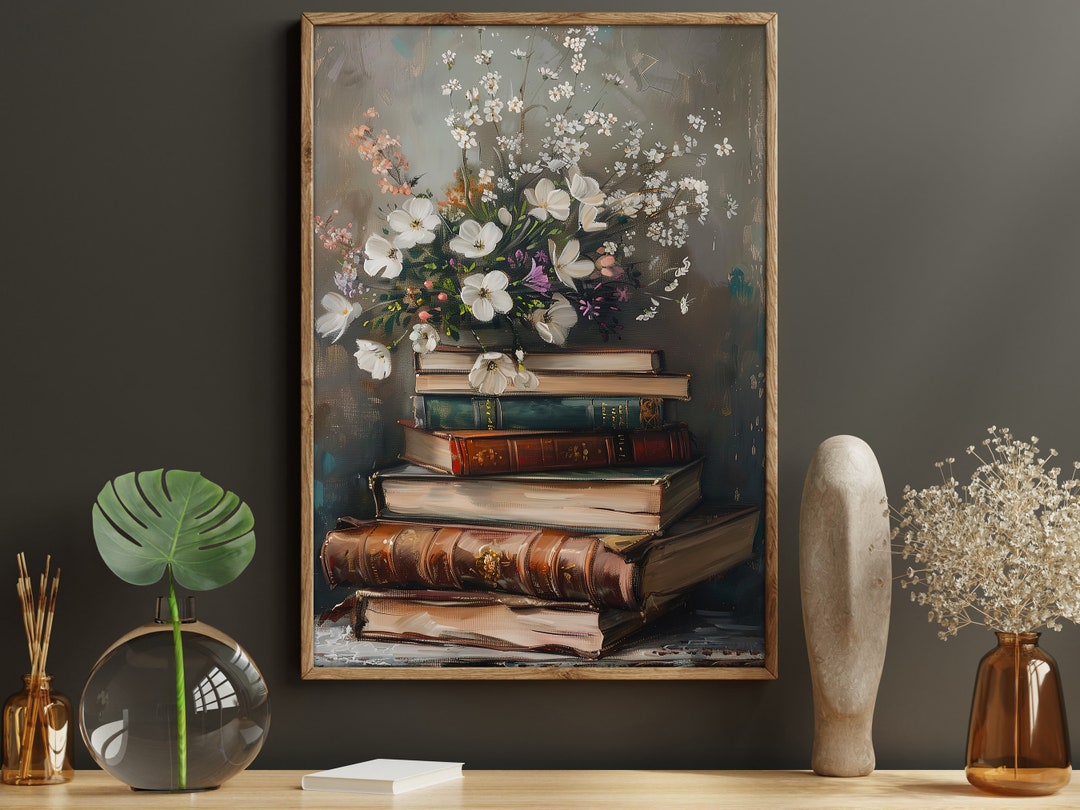 Vintage Flowers and Books Painting: Cottagecore Canvas Art - Etsy