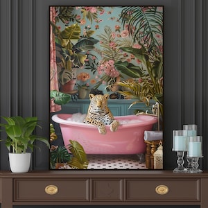 Tropical Leopard in Pink Bathtub Canvas Print - Bathroom Wall Art - Etsy