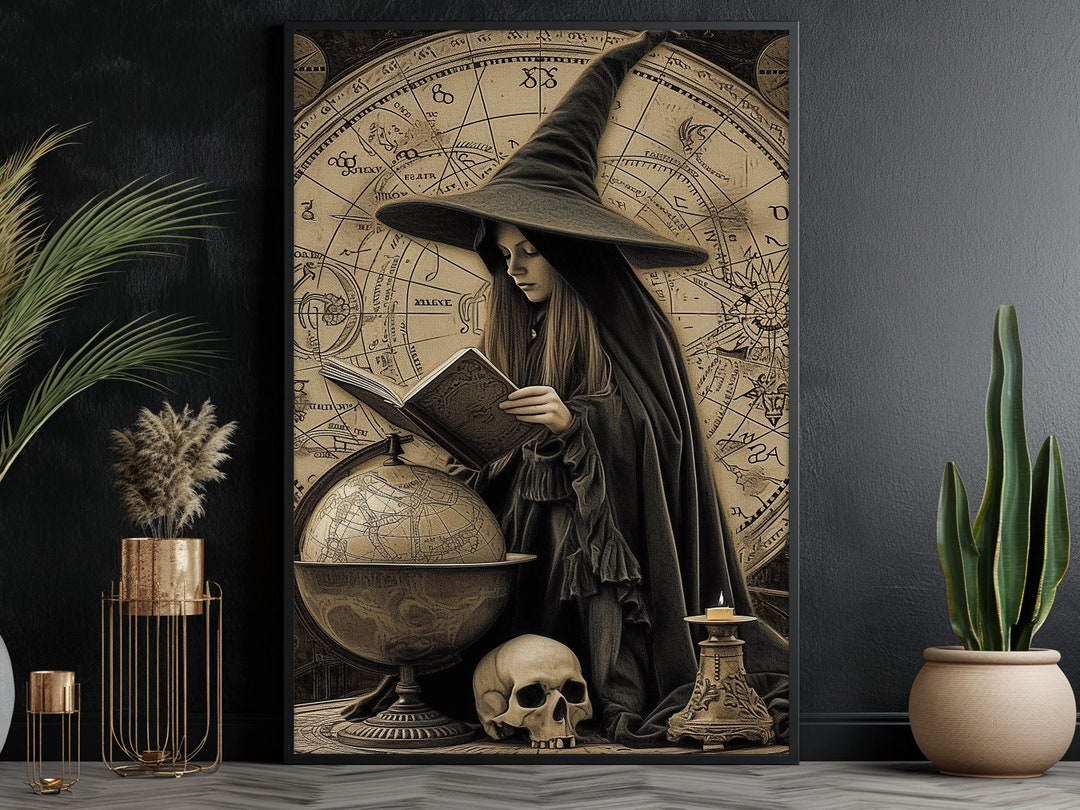 Dark Surreal Witch Reading Book Painting, Magical Witch Print, Vintage ...