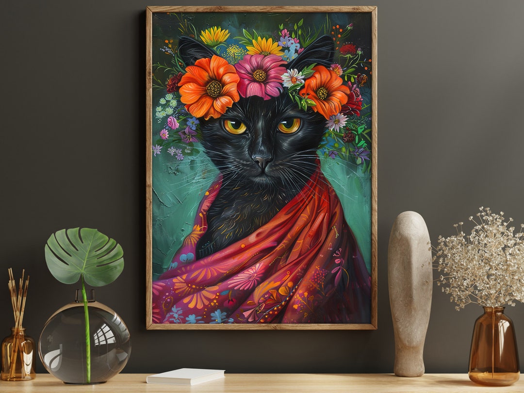 Vintage Floral Cat Canvas Print: Maximalist Animal Wall Art - Etsy
