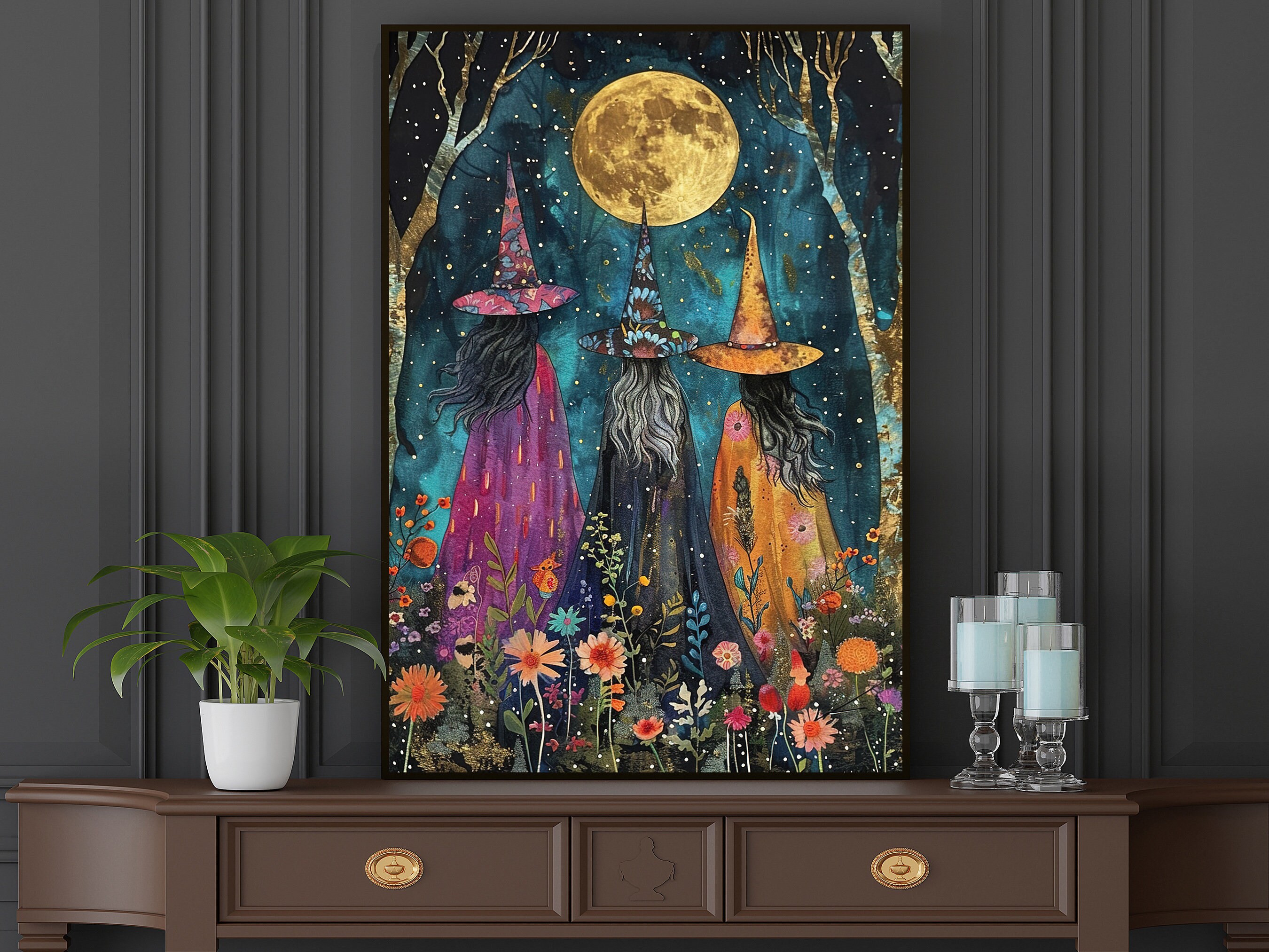 Vintage Three Witches in the Forest Painting, Cottage Witch Print ...