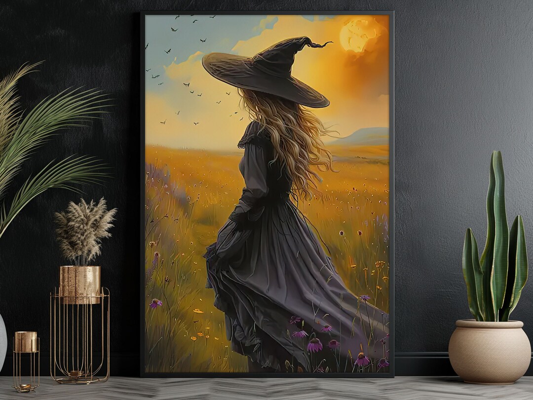 Vintage Witch in Flower Field Canvas Print - Halloween Wall Art - Etsy