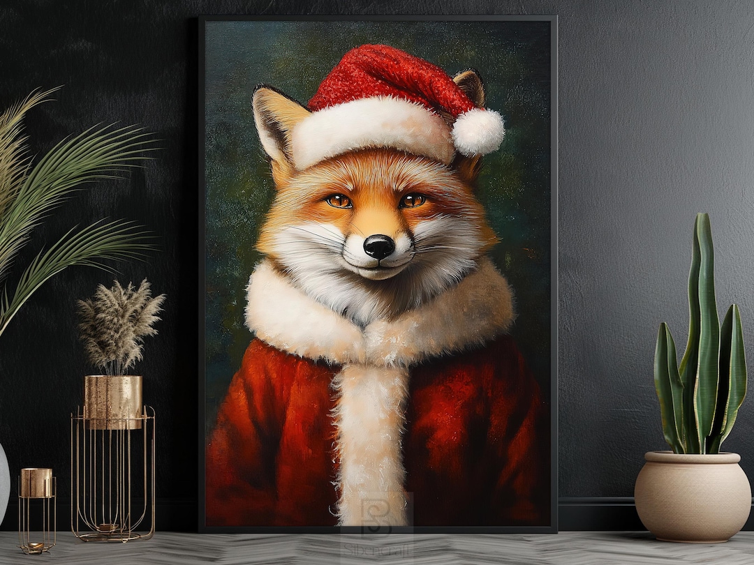 Xmas Fox Wearing Santa's Hat Painting, Christmas Fox Canvas, Xmas ...