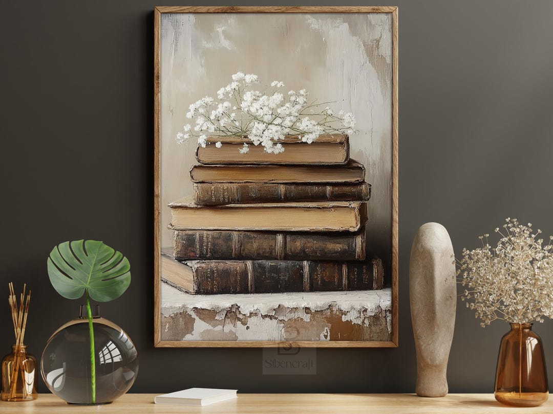 Vintage Flowers and Books Painting, Cottage Flowers Canvas, Flowers ...