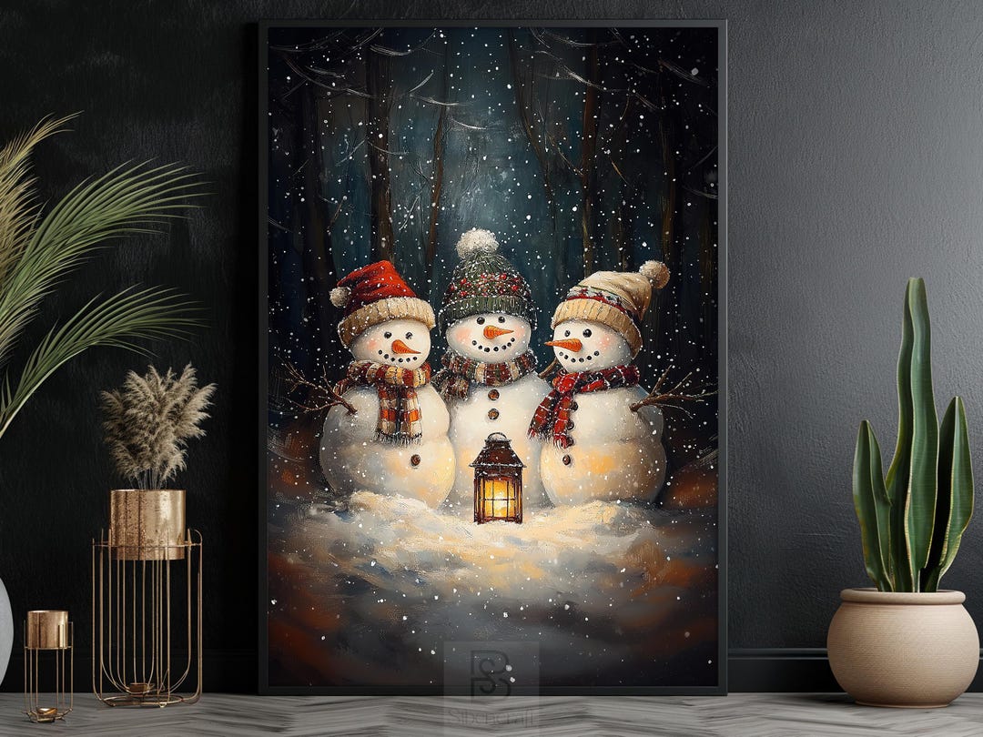 Vintage Three Snowman Canvas, Warm Xmas Holiday Poster Print, Christmas ...