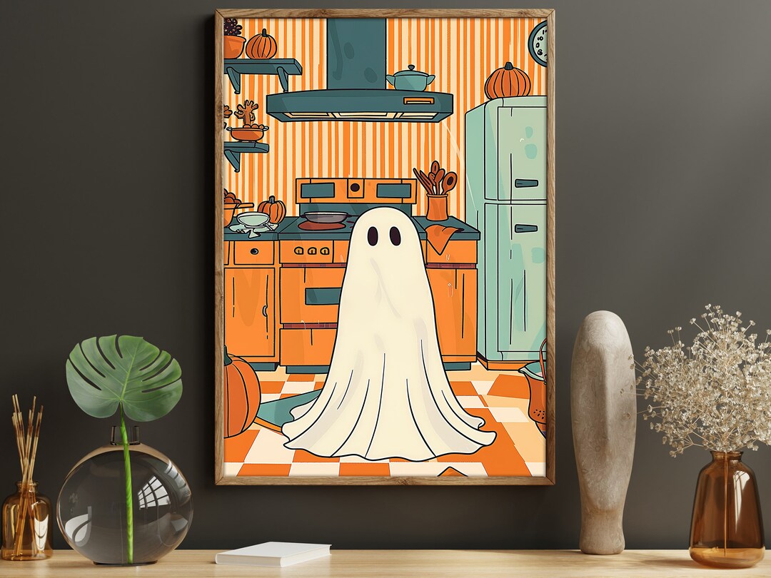 Cute Ghost in the Kitchen Painting, Ghost Print, Ghost Canvas Print ...