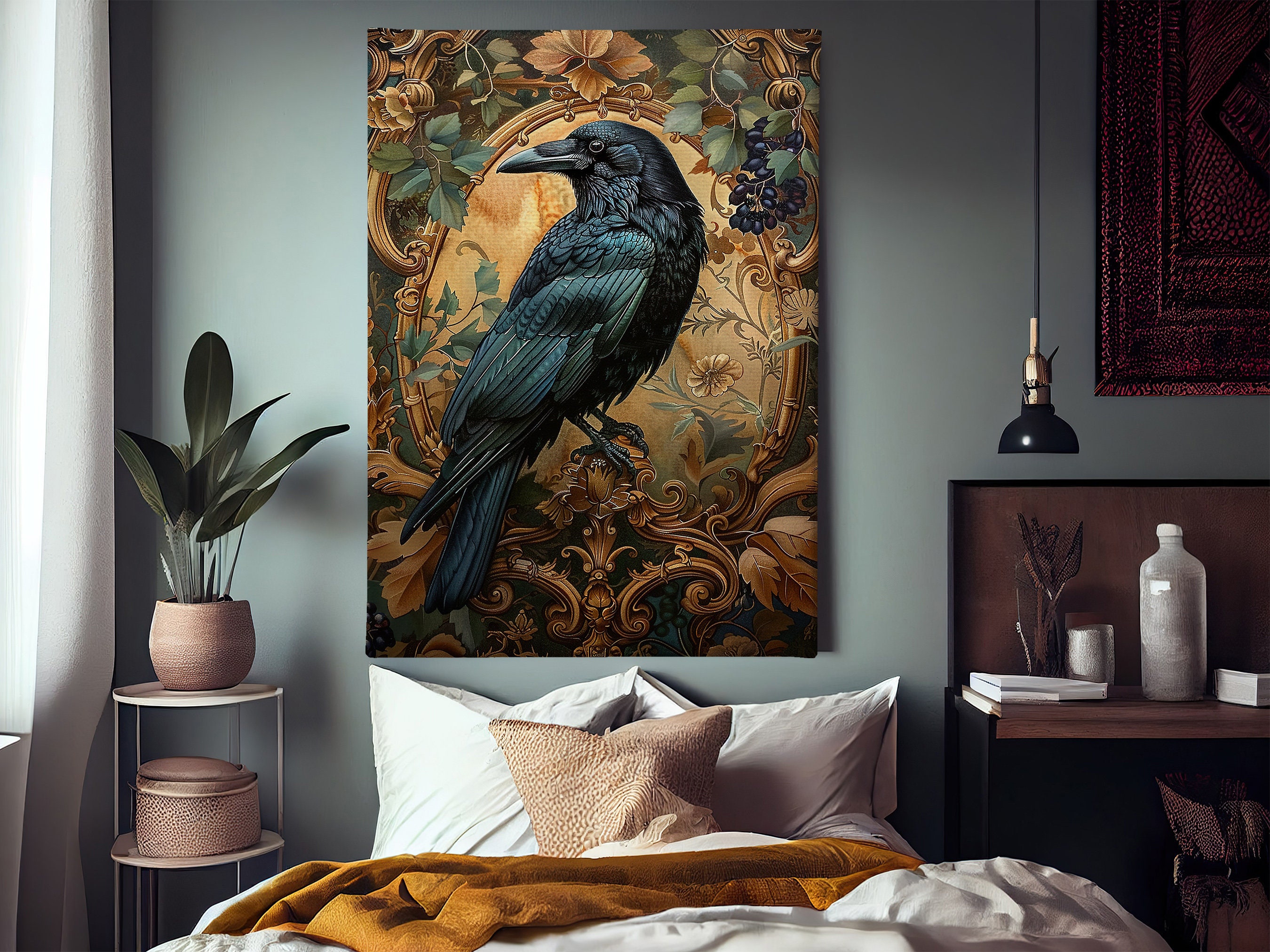 Cottage Crow Canvas Print: Dark Raven, Botanical Animal Wall Art - Etsy