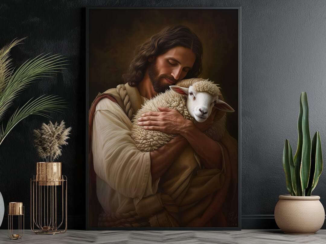Retro Jesus Hugging Sheep Painting, Jesus Print, Faith Canvas Print ...