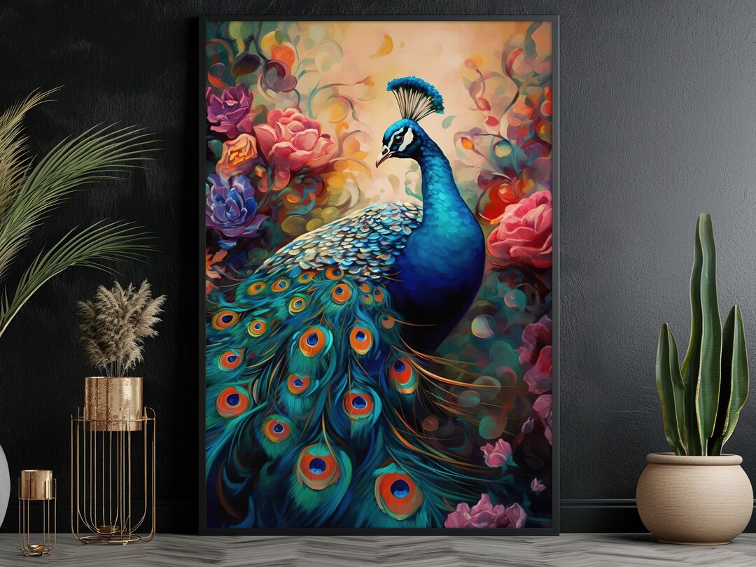 Vintage Peacock Painting, Retro Peacock Art Print, Cottage Peacock ...
