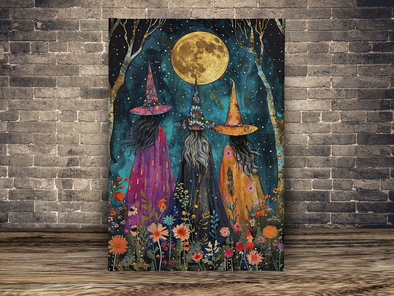Vintage Three Witches in the Forest Painting, Cottage Witch Print ...