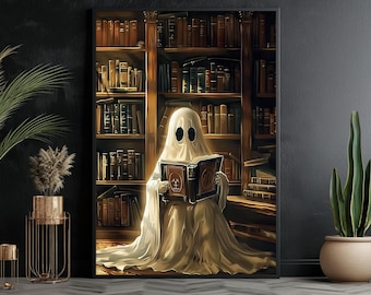 Cute Ghost in Library, Ghost Painting, Ghost Reading, Halloween Wall ...