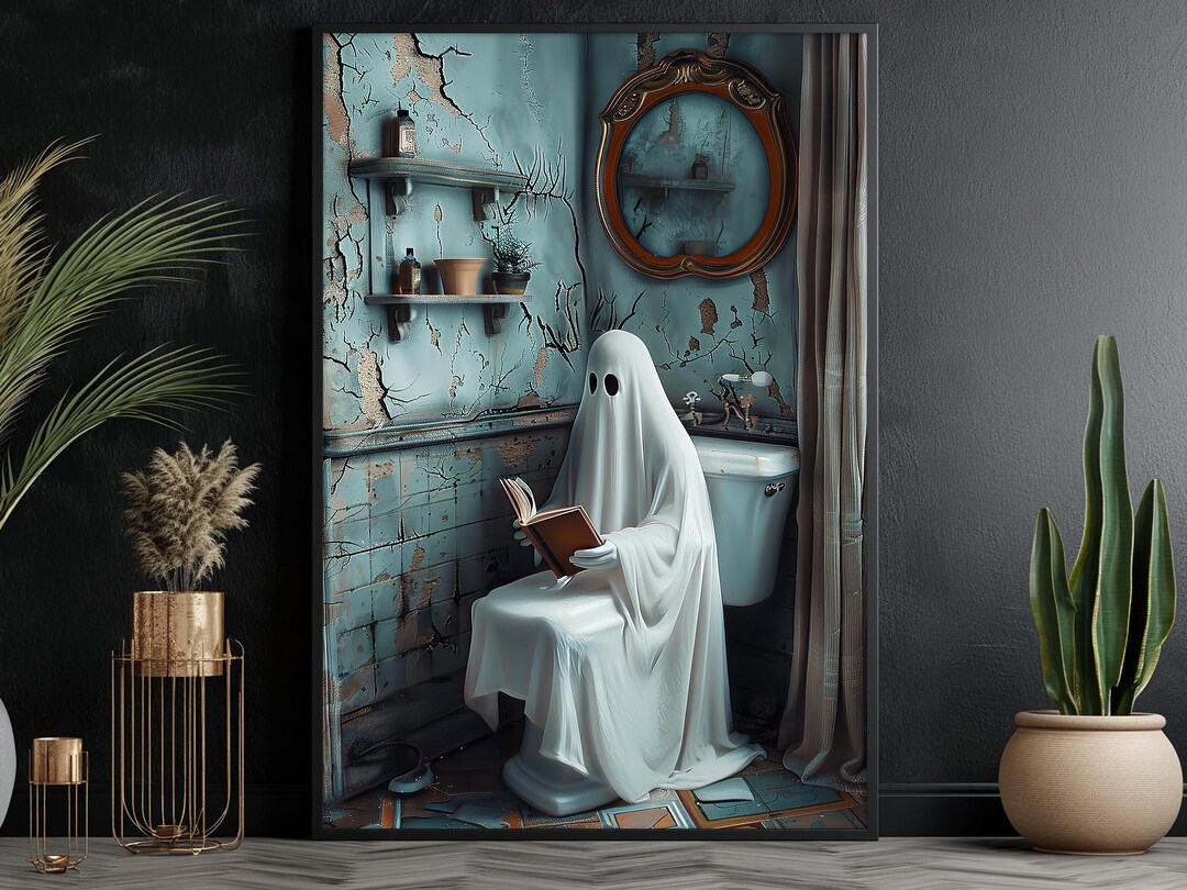 Vintage Ghost on Toilet Canvas Print, Halloween Poster Print, Halloween ...
