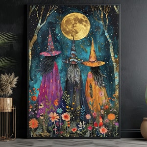 Vintage Three Witches in the Forest Painting, Cottage Witch Print ...