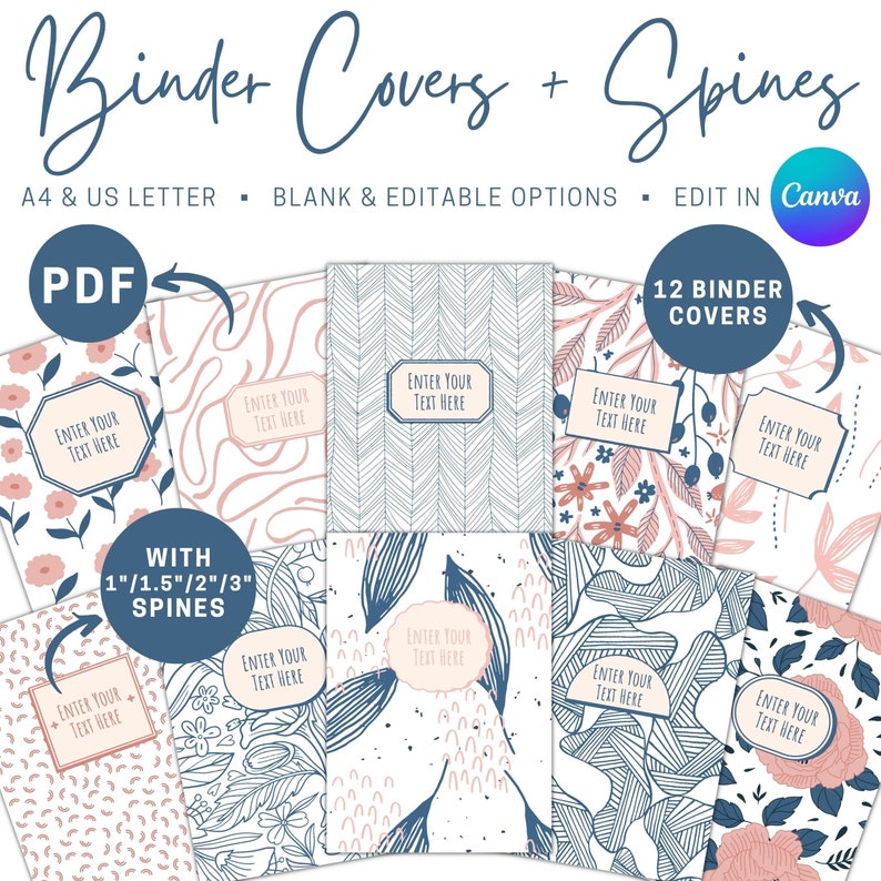 Binder Cover & Spine Set Blue Blush Editable Binder Covers Printable ...