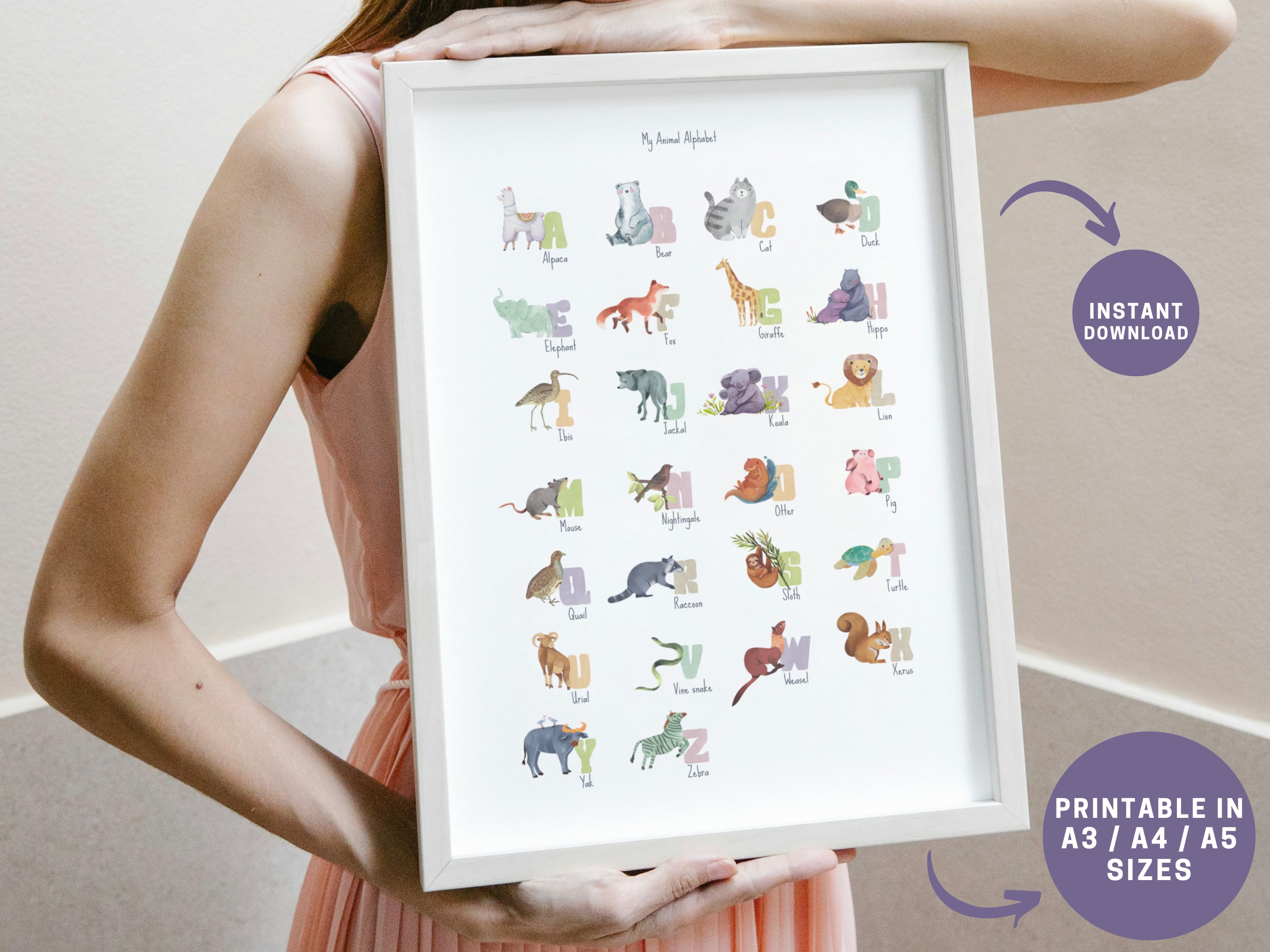 Watercolor Animal Alphabet Poster | Printable Nursery Wall Art ...