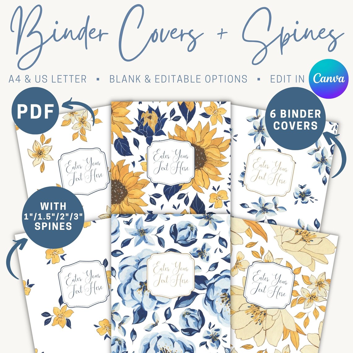 Binder Cover & Spine Set Navy Mustard | Editable Binder Cover ...
