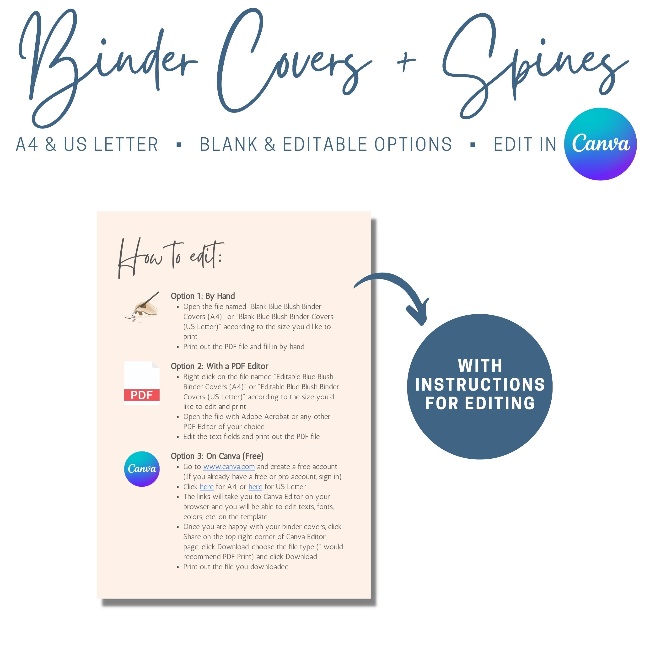 Binder Cover & Spine Set Blue Blush Editable Binder Covers Printable ...