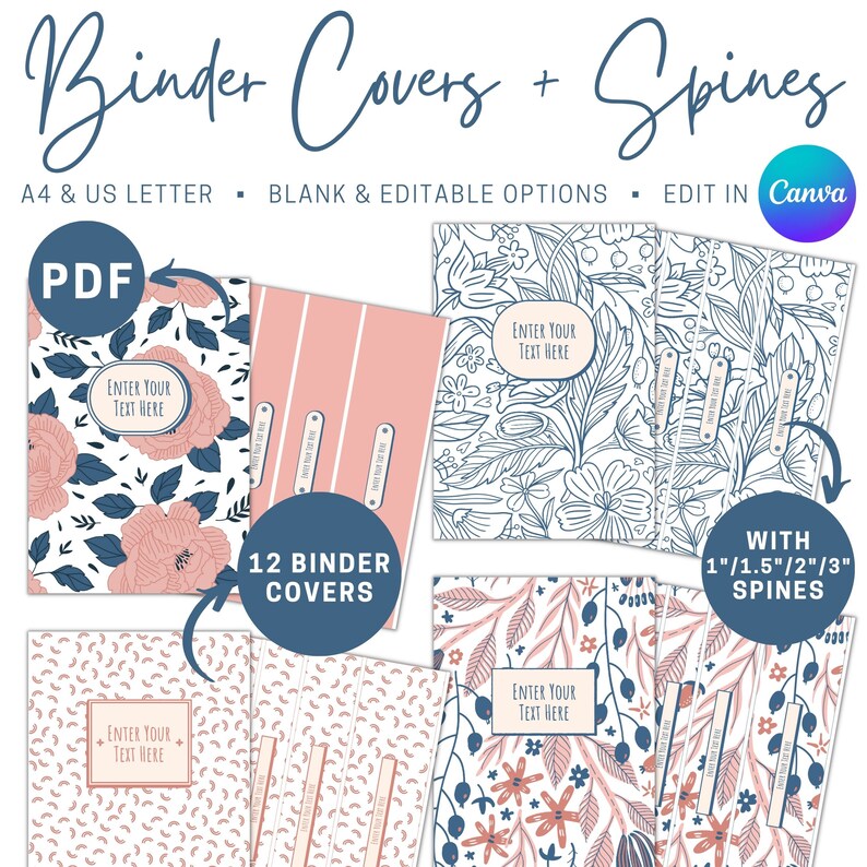 Binder Cover & Spine Set Blue Blush Editable Binder Covers Printable ...