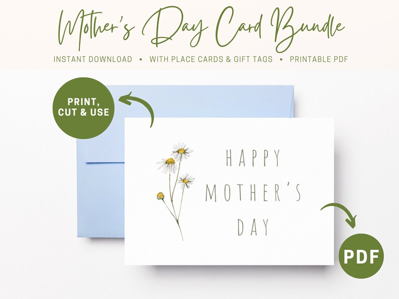 Printable Mother's Day Card Bundle | Watercolor Daisy Minimal Mother's ...