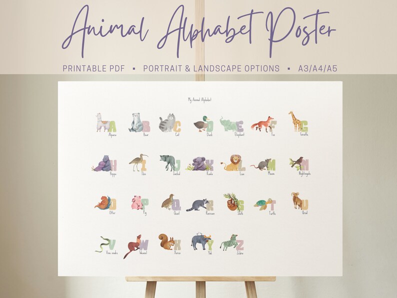 Watercolor Animal Alphabet Poster | Printable Nursery Wall Art ...