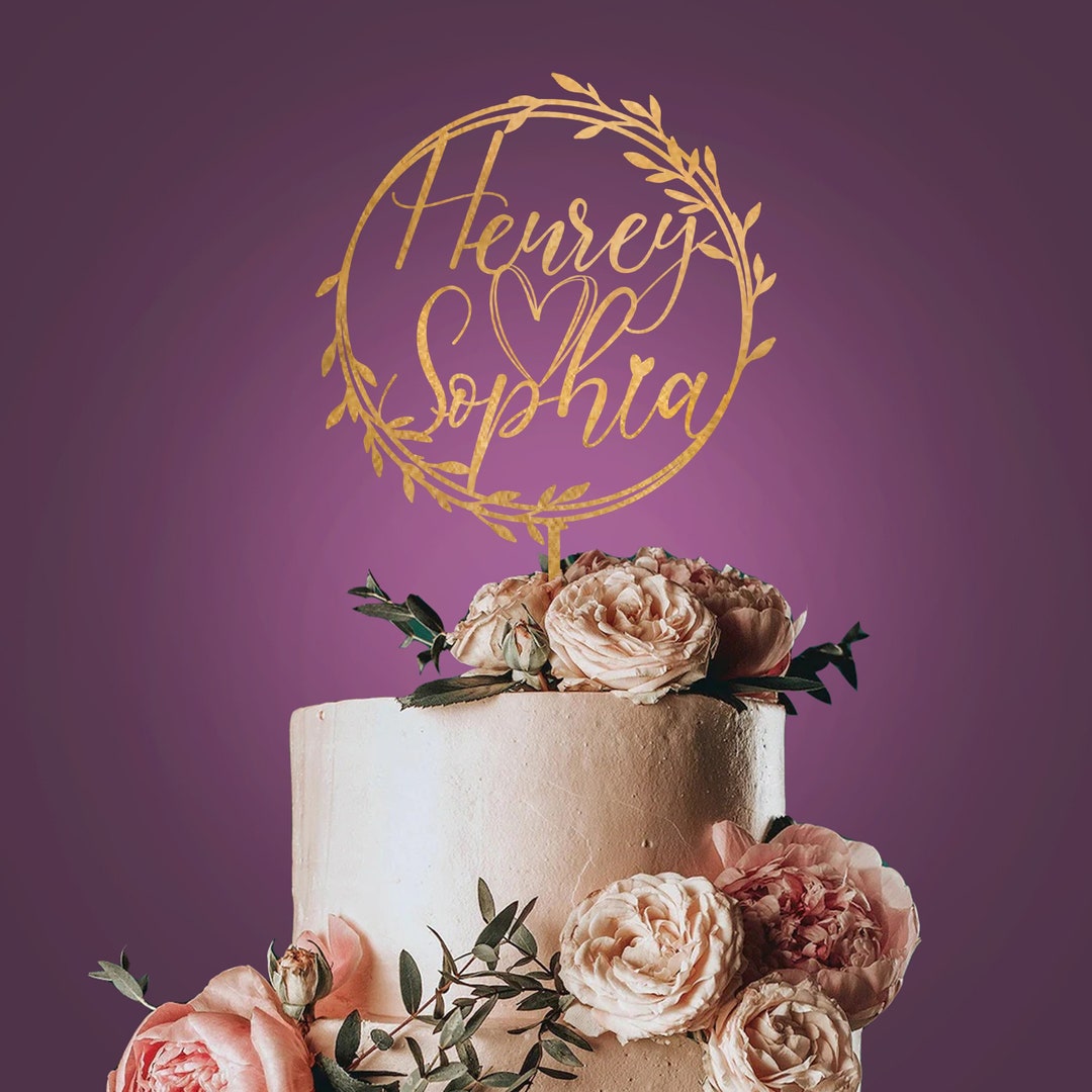Wedding Bridal Cake Topper Wreath, Personalized Script Cake Toppers for ...