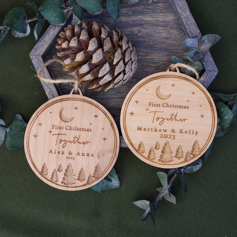 Personalized Couples Christmas Ornament: Engraved Alder Wood, First ...