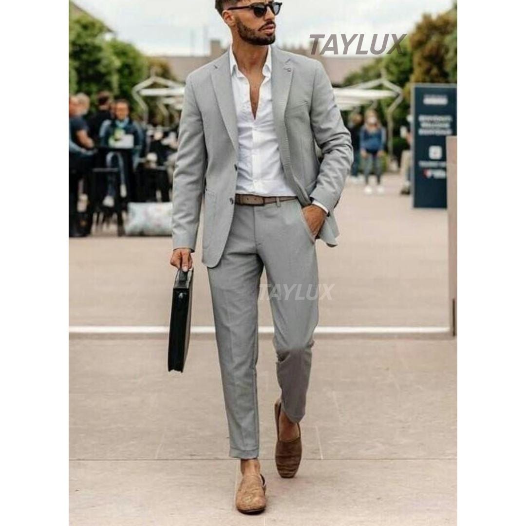 TAYLUX Men’s Light Grey Suit Set – 2-piece Slim Fit Formal Suit | Red ...