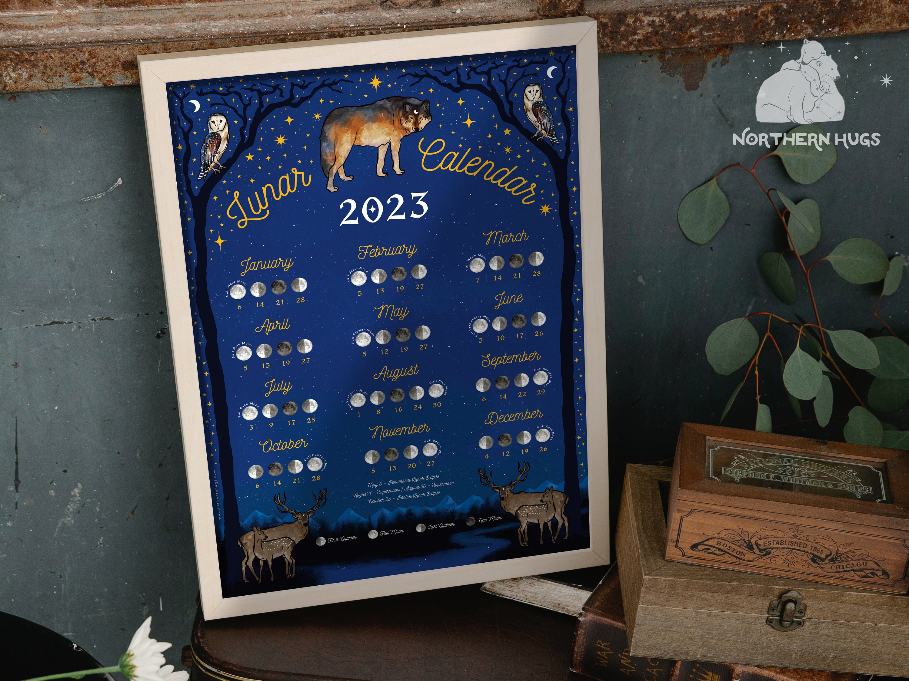 Printable Lunar Calendar 2023 Illustrated Moon Calendar 2023 Moon ...