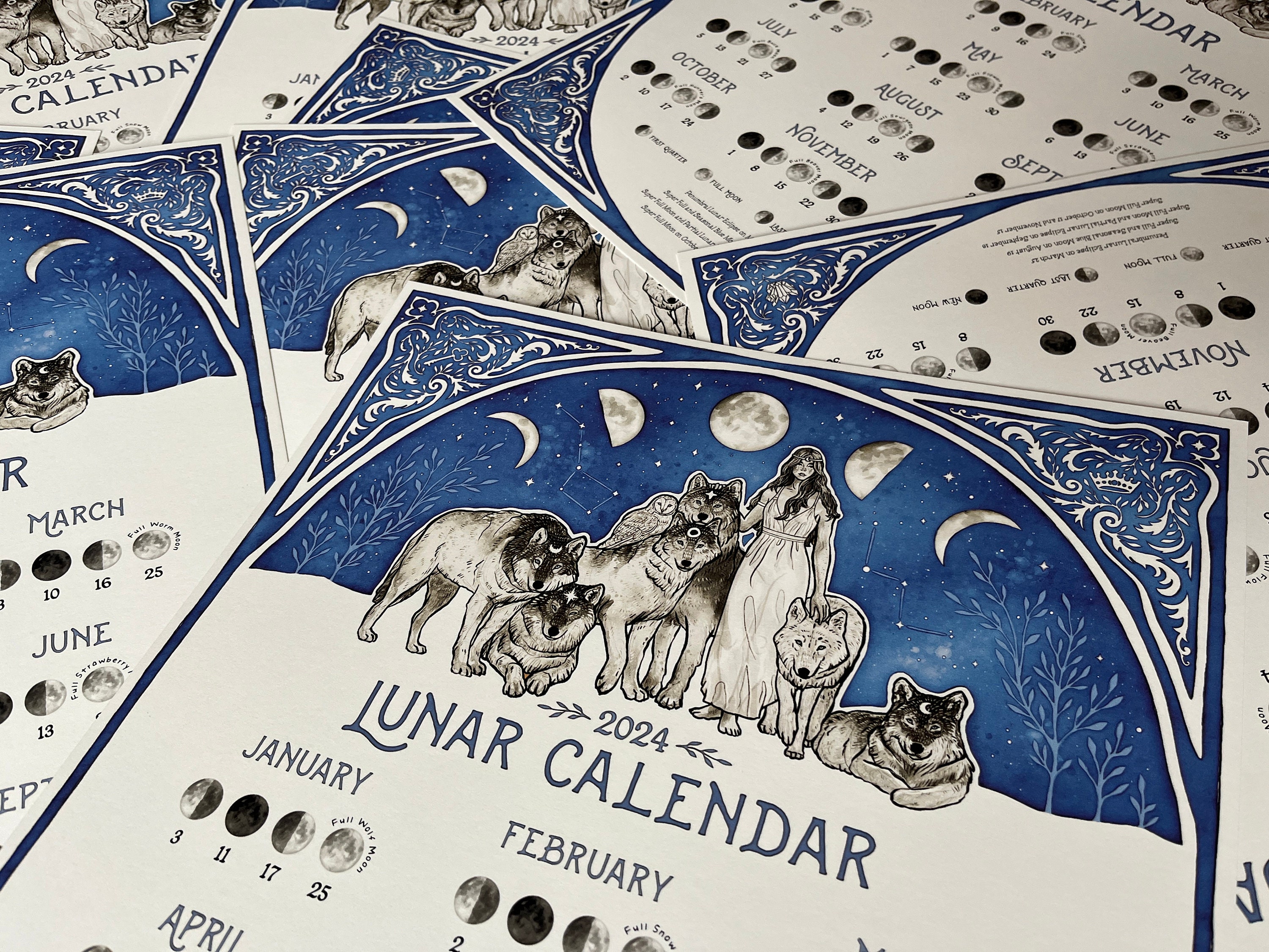 Lunar Calendar 2024 Illustrated Moon Calendar 2024 A4 and A3 Art Print ...