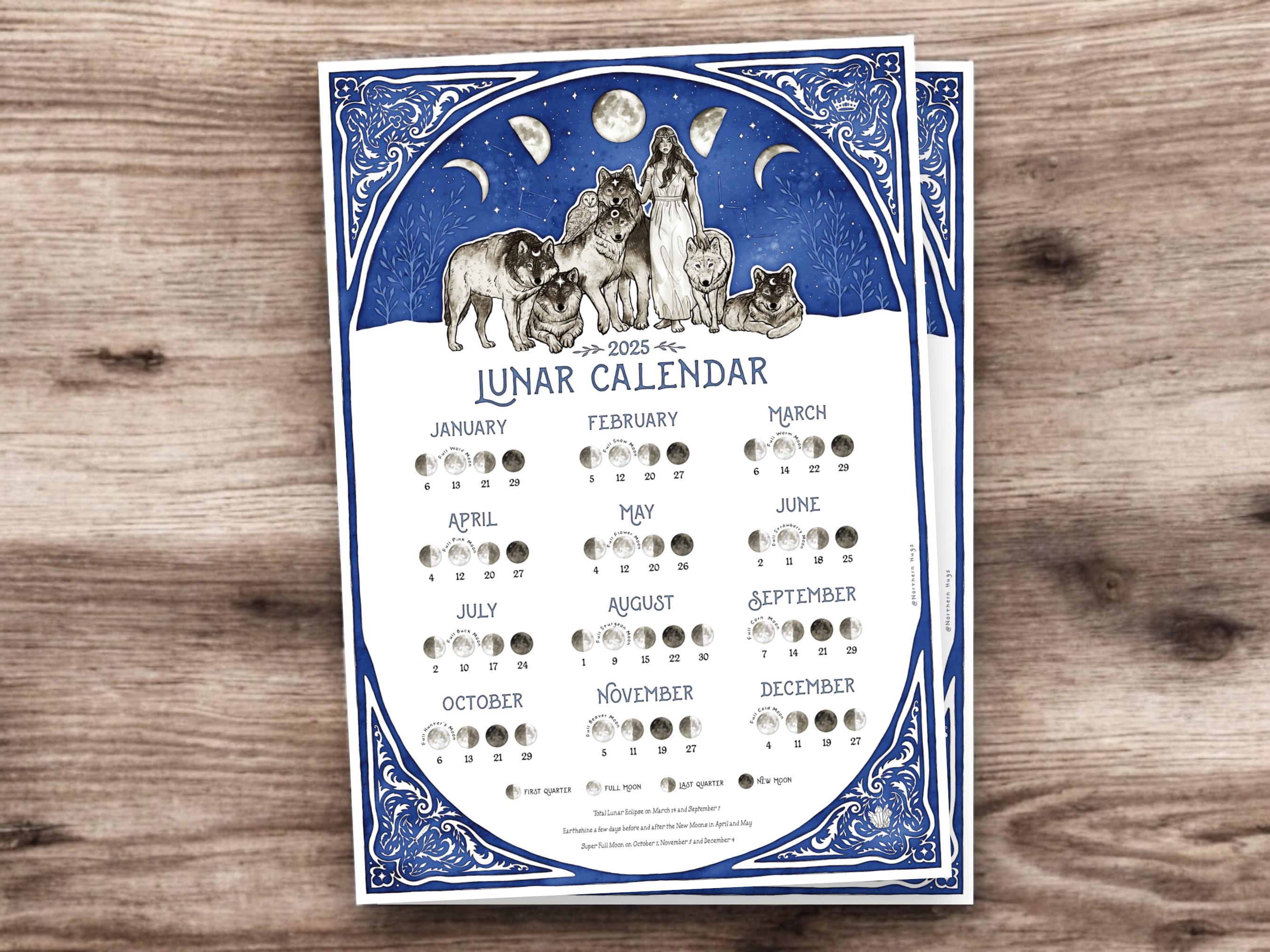 Lunar Calendar 2025 | Illustrated Moon Calendar 2025 | A4 and A3 Art ...