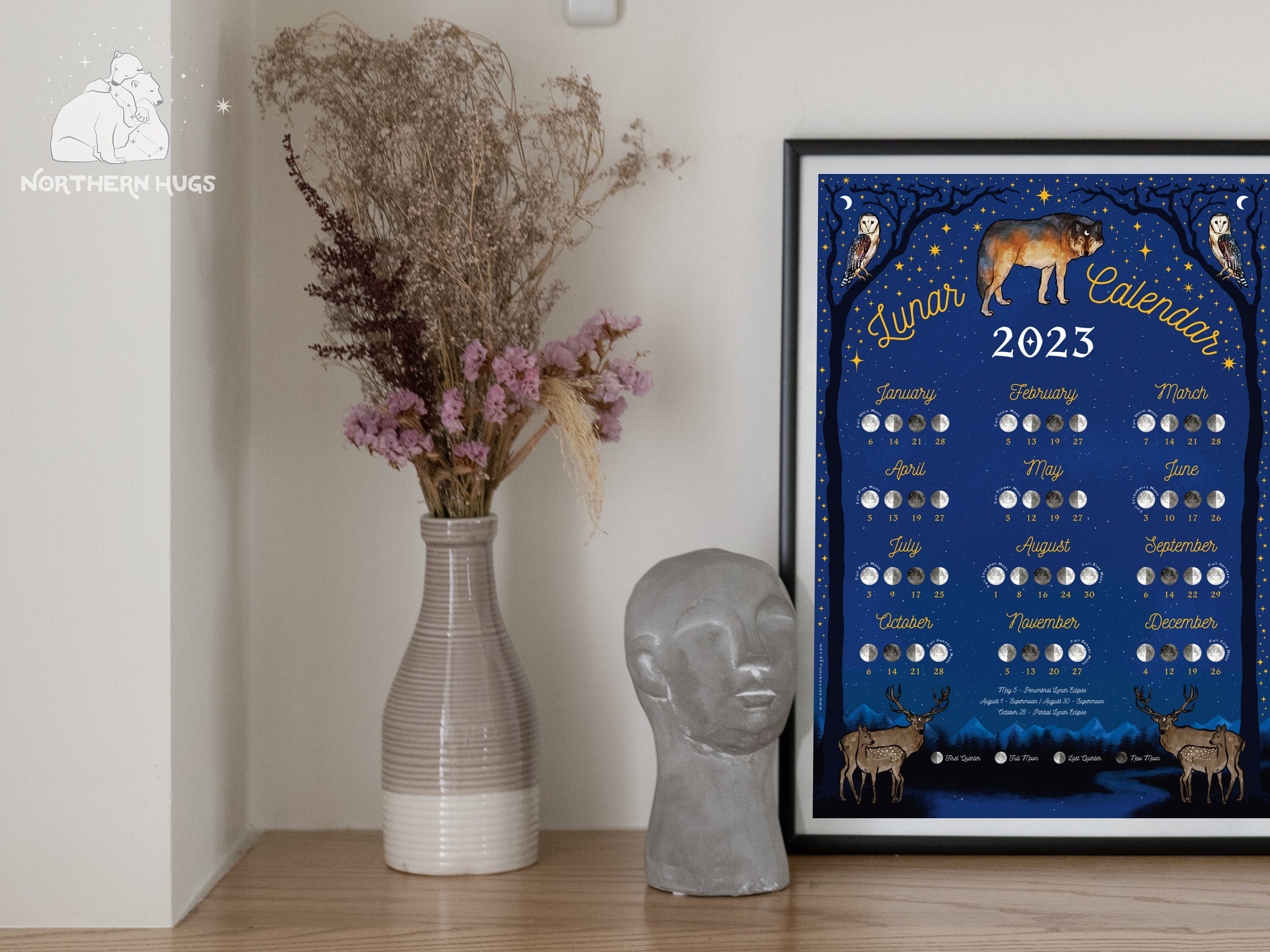Printable Lunar Calendar 2023 Illustrated Moon Calendar 2023 Moon ...