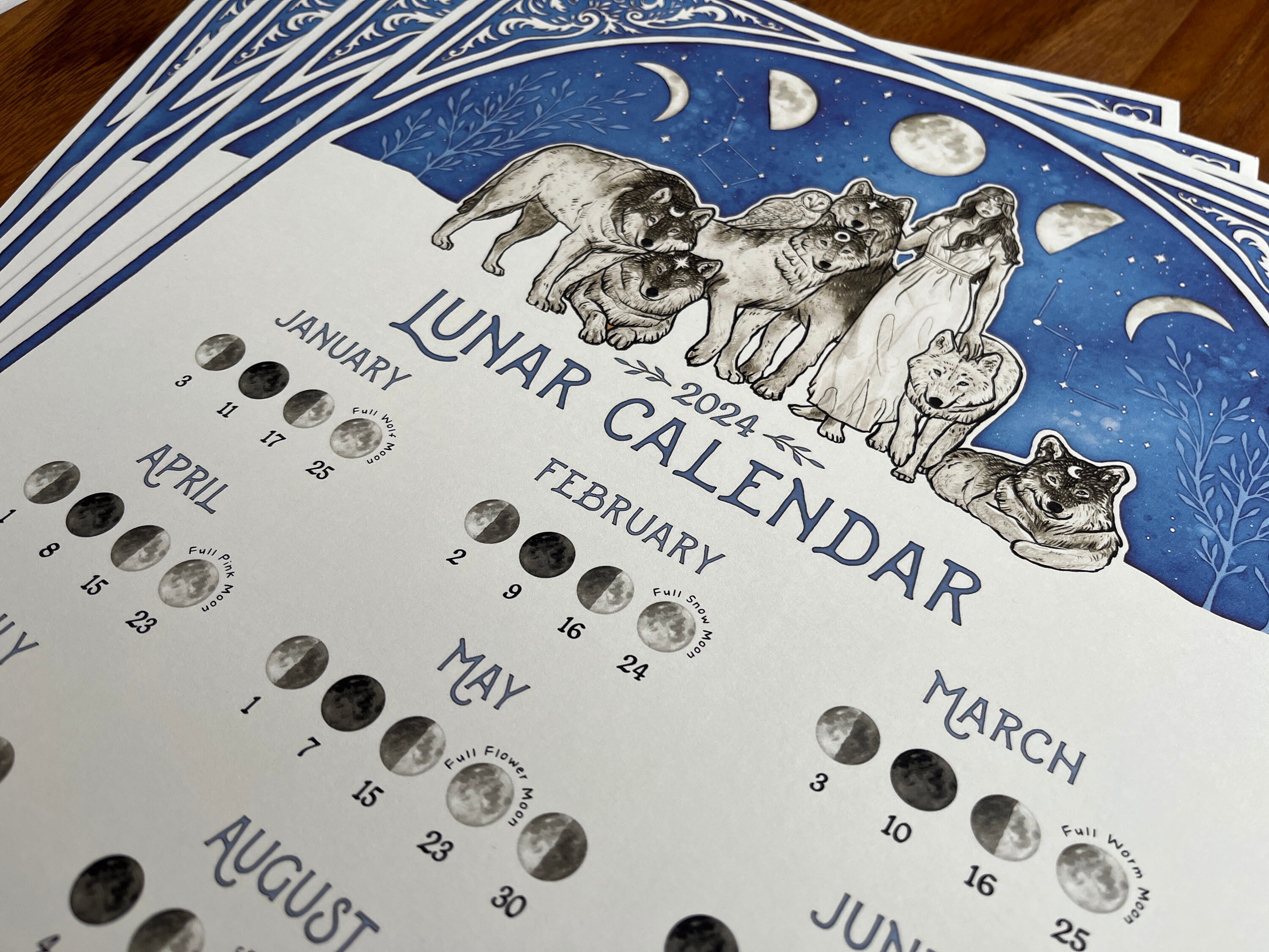 Lunar Calendar 2024 Illustrated Moon Calendar 2024 A4 and A3 Art Print ...