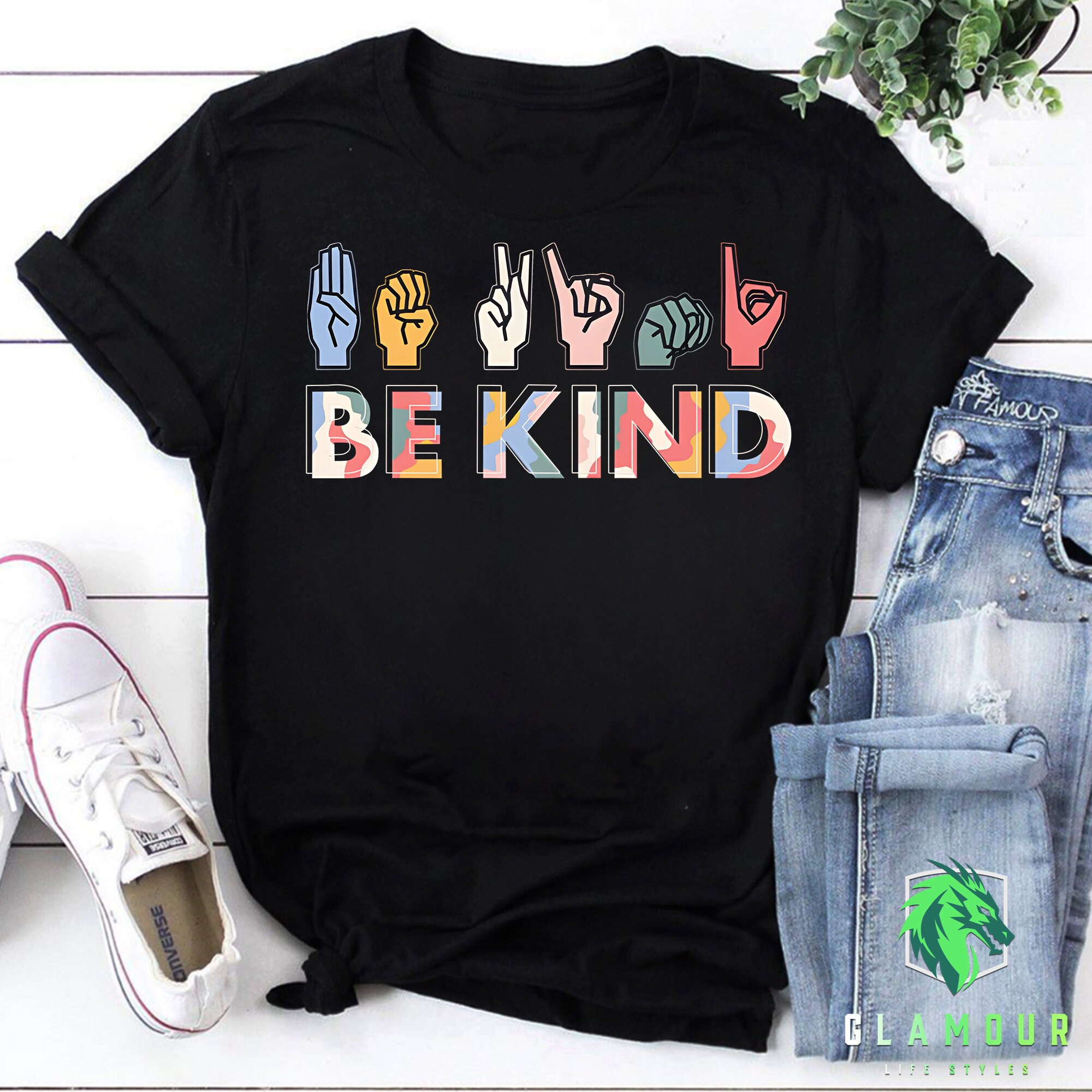 Colorful Be Kind Hand Sign Language Teachers Interpreter Asl Vintage T ...