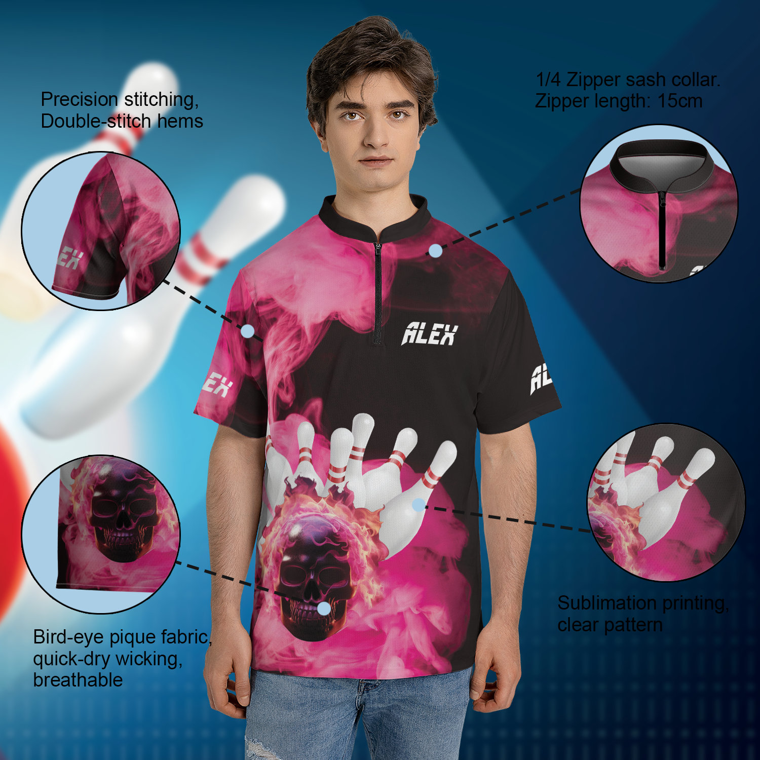 Personalized Fire Flame Bowling Jersey With Zip Bowling Team Shirt Gift ...
