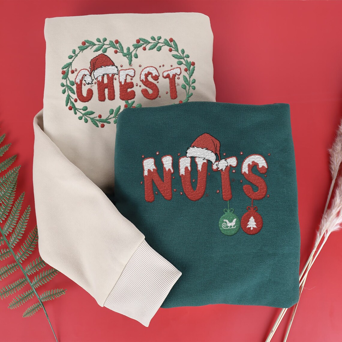 Chest Nuts Matching Couple Embroidered Sweatshirt, Merry Christmas ...