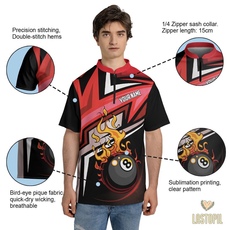 Custom Flame Billiard Jersey, Billiard Quarter Zip Sash Collar, Pool ...
