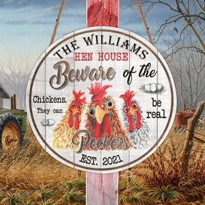 Beware of the Chickens Metal Sign, Chicken Coop Wood Sign, Personalized ...