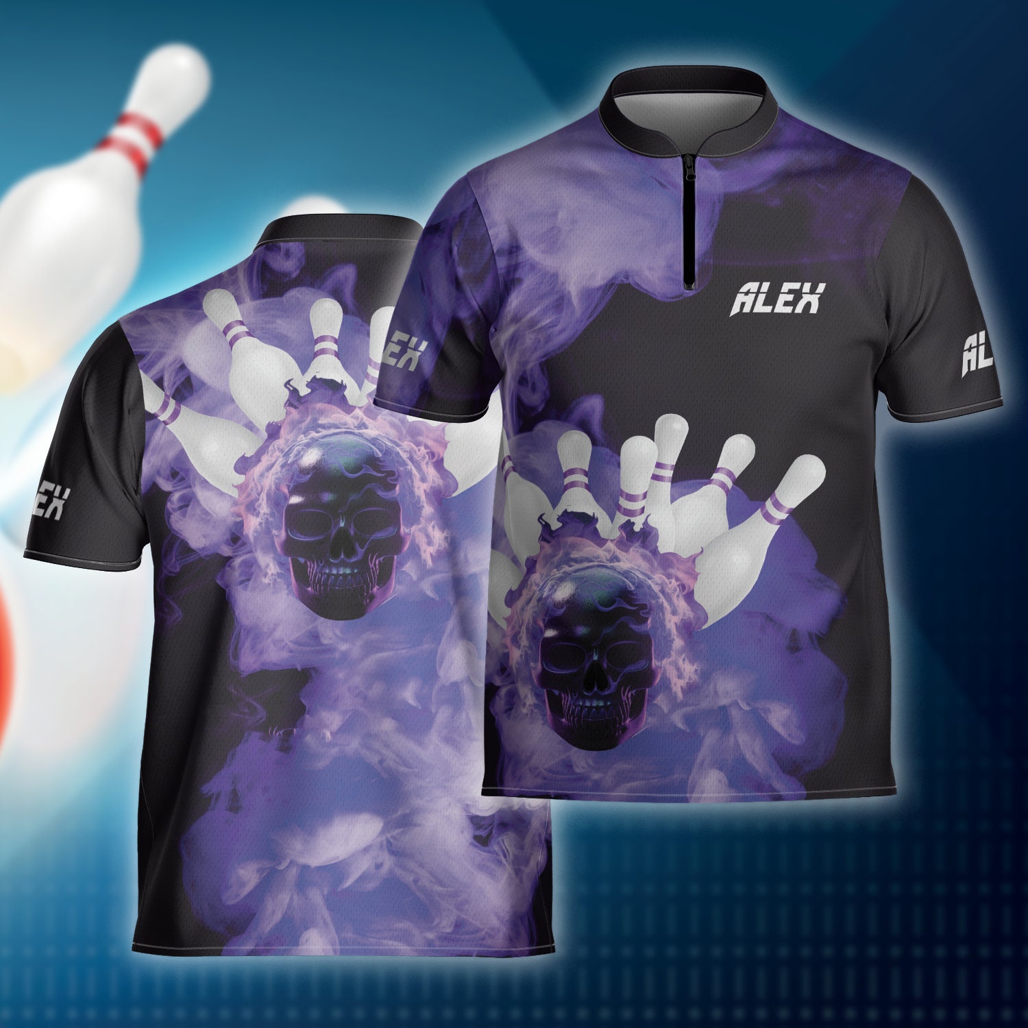 Personalized Fire Flame Bowling Jersey With Zip Bowlers Quarter Zip ...