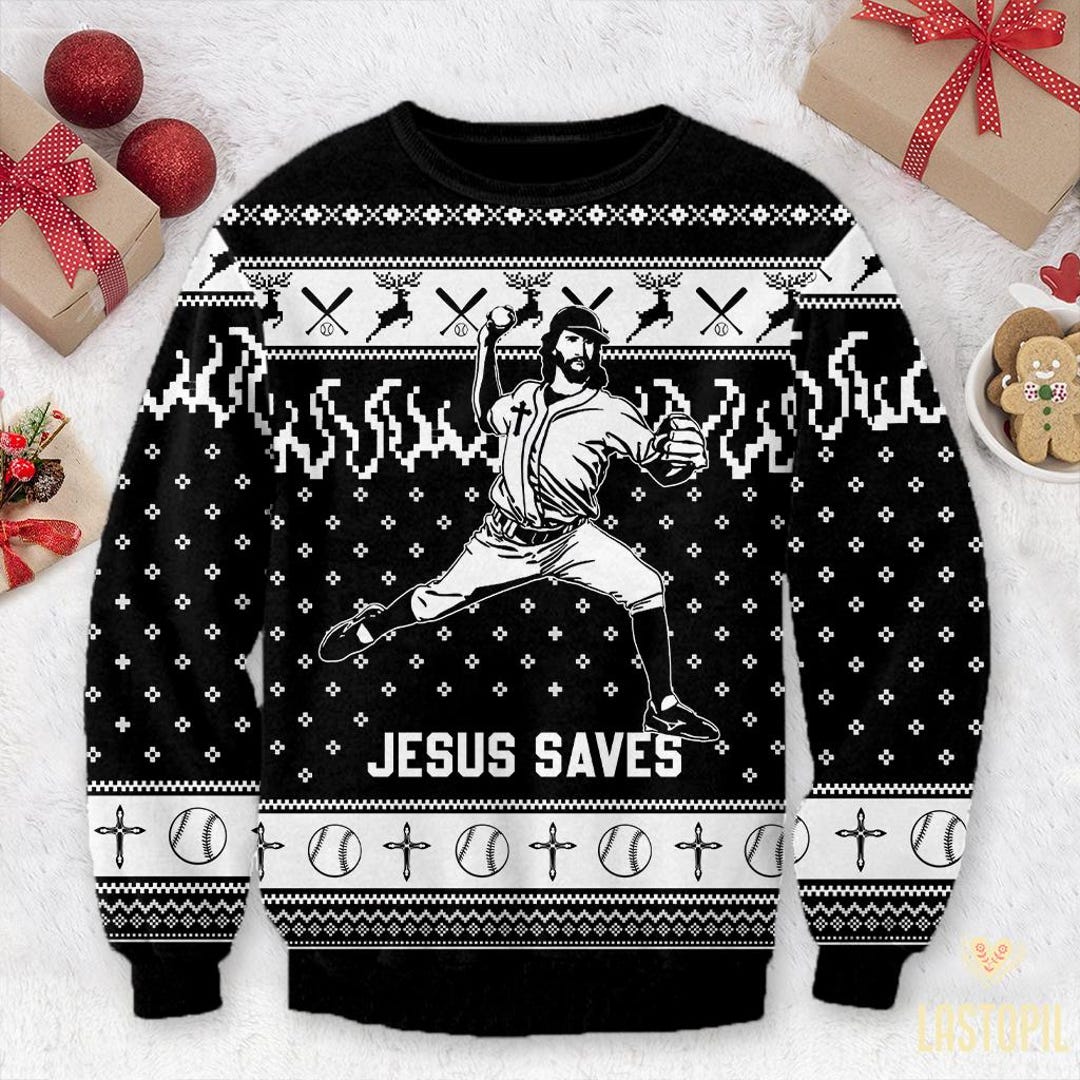 Jesus Saves Baseball Ugly Christmas Sweater Baseball Player Sweatshirt ...