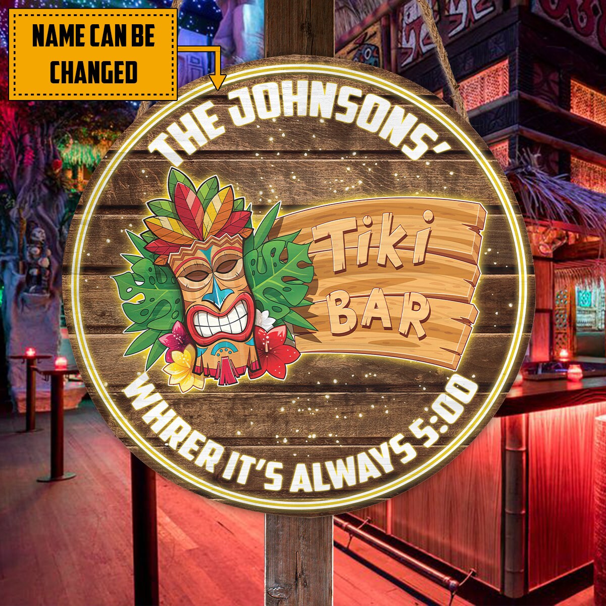 Personalized Tiki Bar Always 5 O'clock Round Wood Sign, Tiki Hut Tiki ...