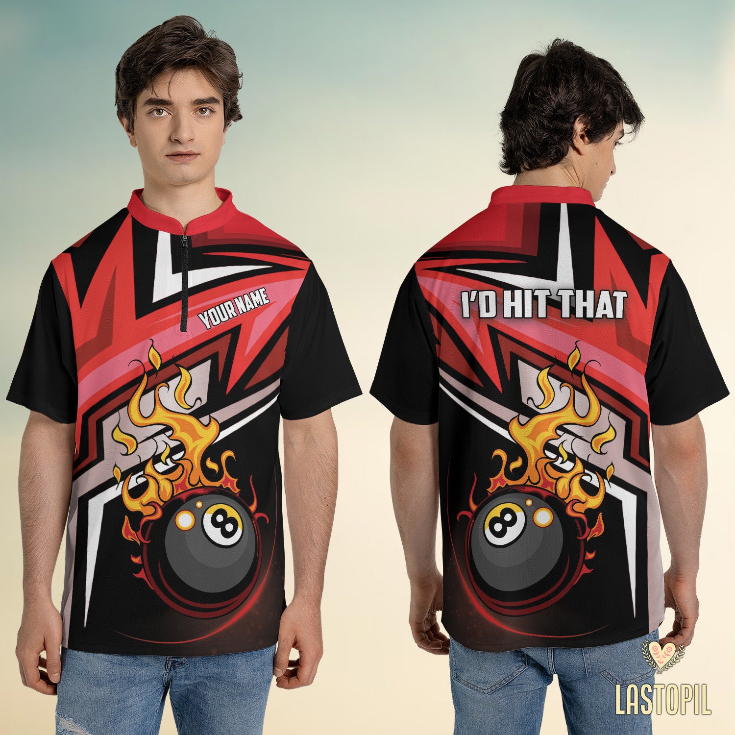 Custom Flame Billiard Jersey, Billiard Quarter Zip Sash Collar, Pool ...